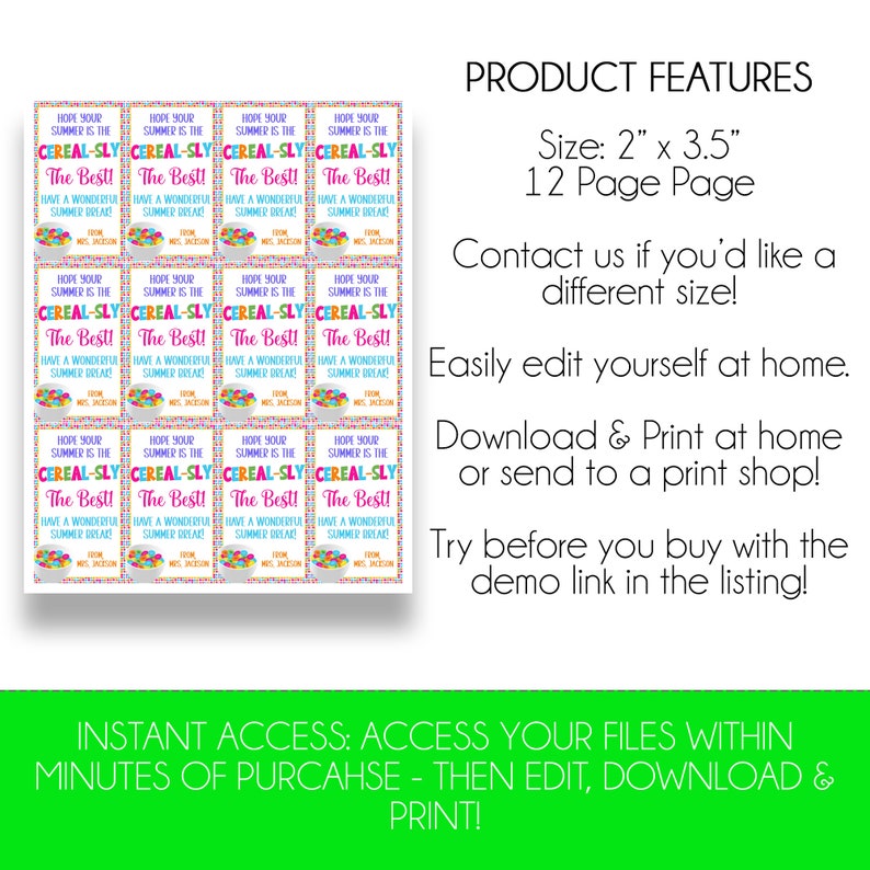 EDITABLE Hope Your Summer is Cereal-sly the Best Treat Tags | Printable ...