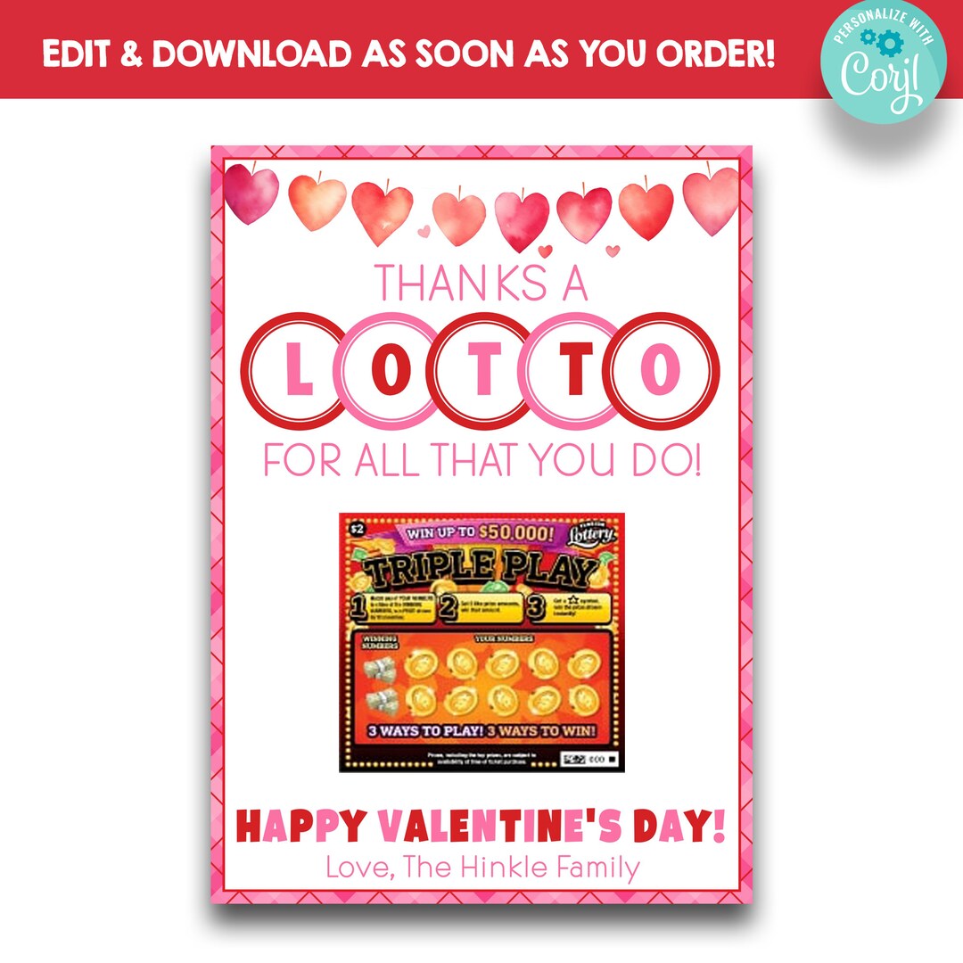 EDITABLE Valentine's Day Lottery Ticket Gift Card Holder | Thanks a ...