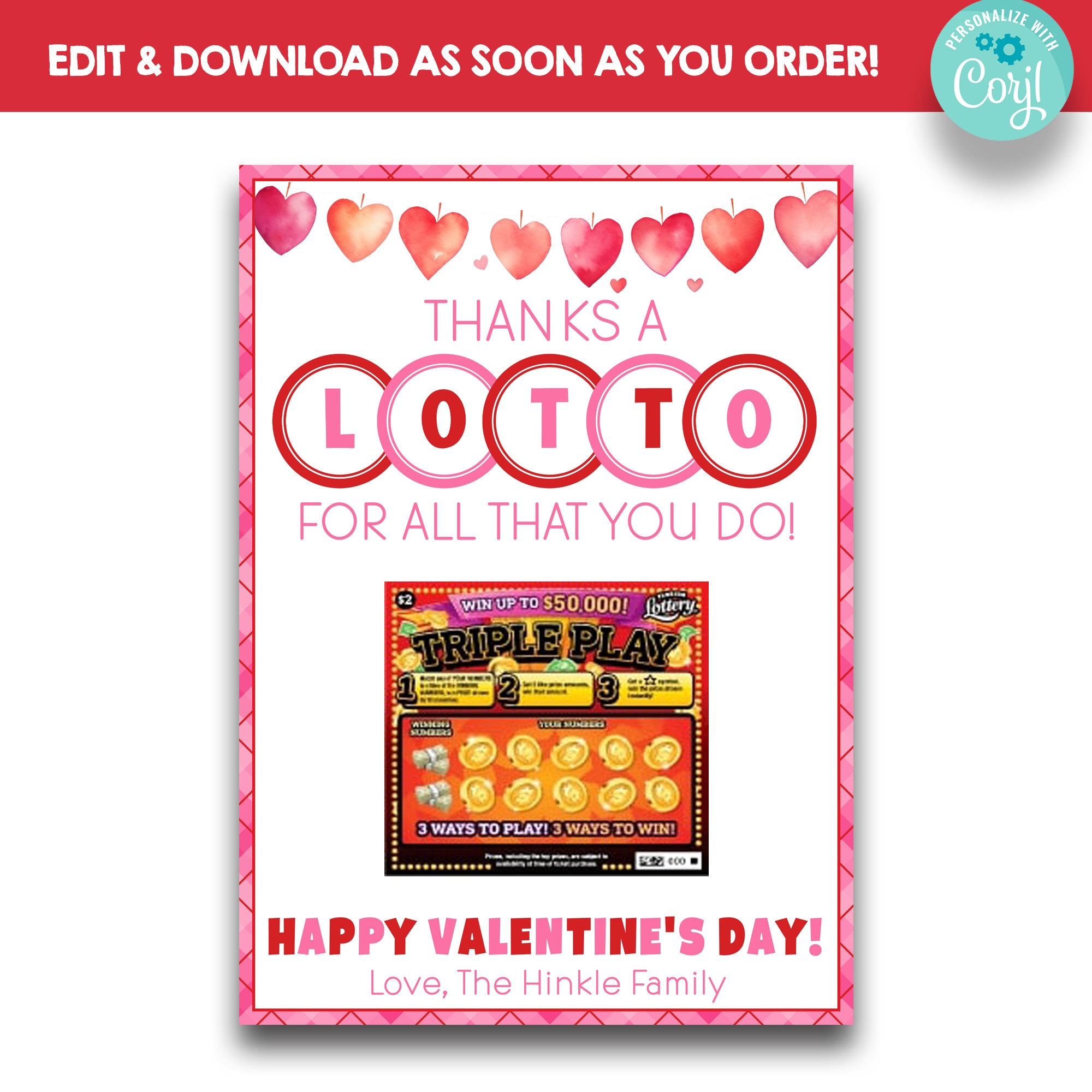 EDITABLE Valentine's Day Lottery Ticket Gift Card Holder | Thanks a ...