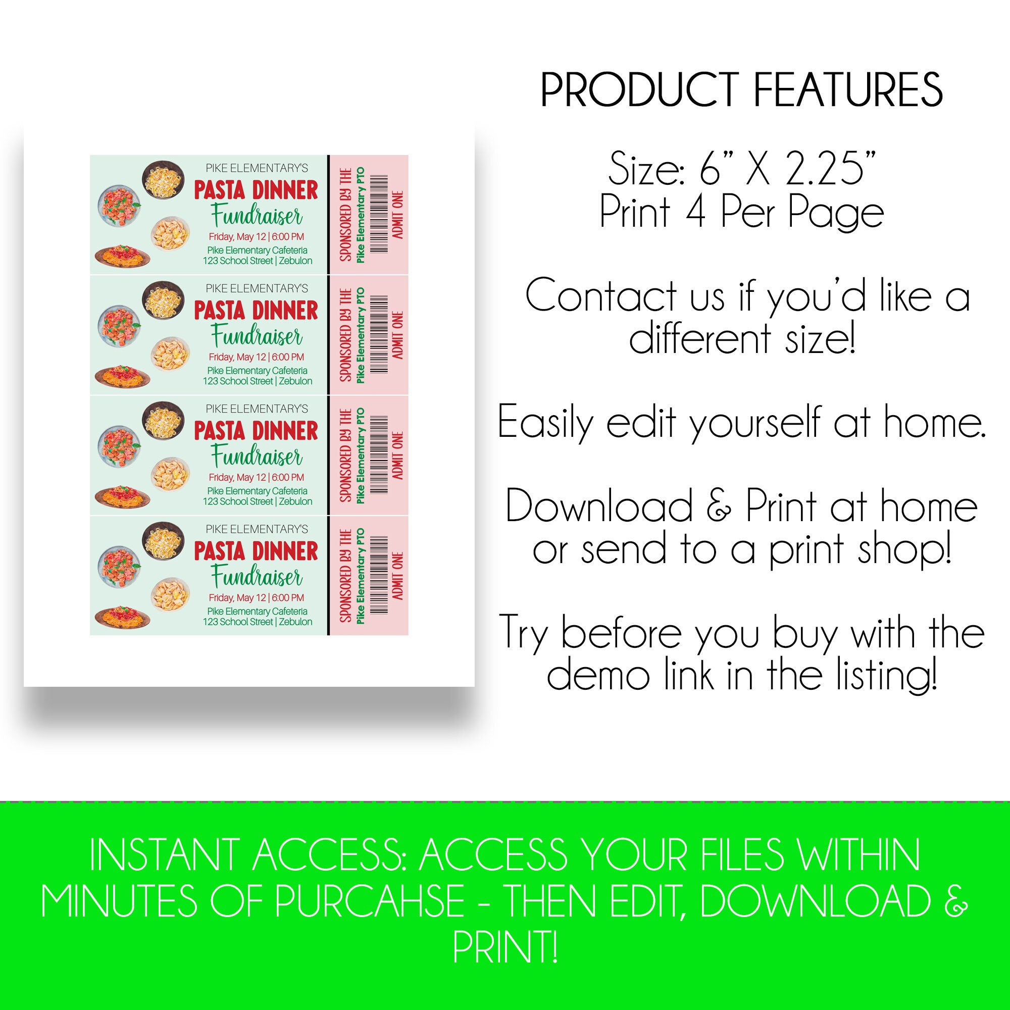 EDITABLE Pasta Dinner Fundraiser Flyer With Bonus Tickets | Printable ...