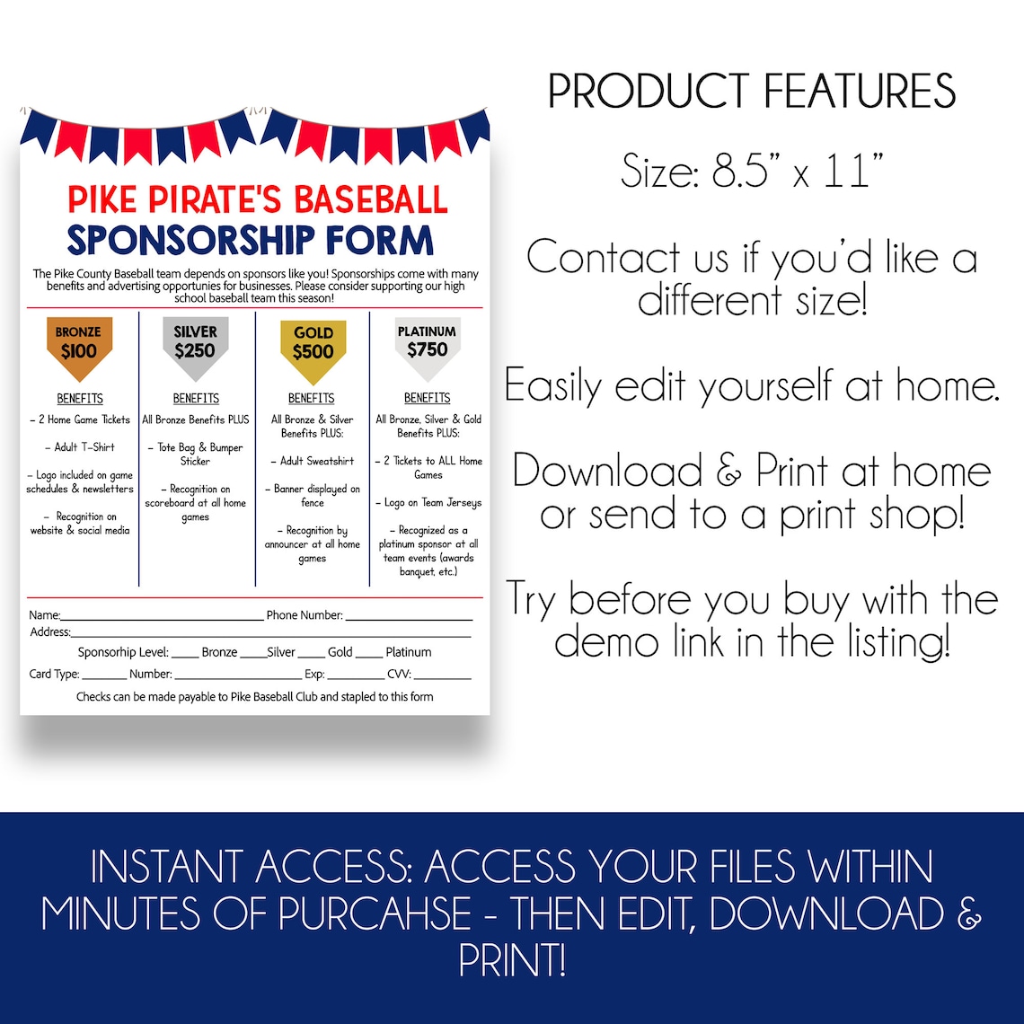 EDITABLE Baseball Sponsorship Form | Baseball Membership Form | School ...