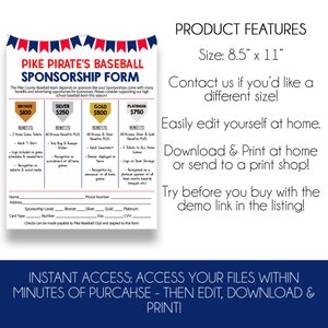 EDITABLE Baseball Sponsorship Form | Baseball Membership Form | School ...