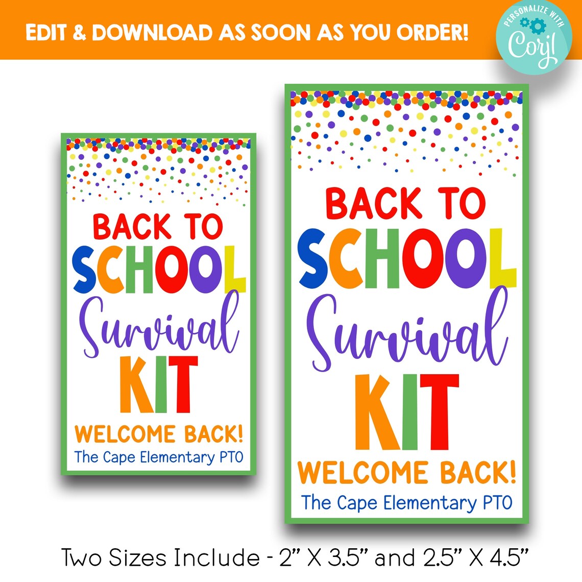 EDITABLE Bright Back to School Survival Kit Tags | Kid's First Day of ...