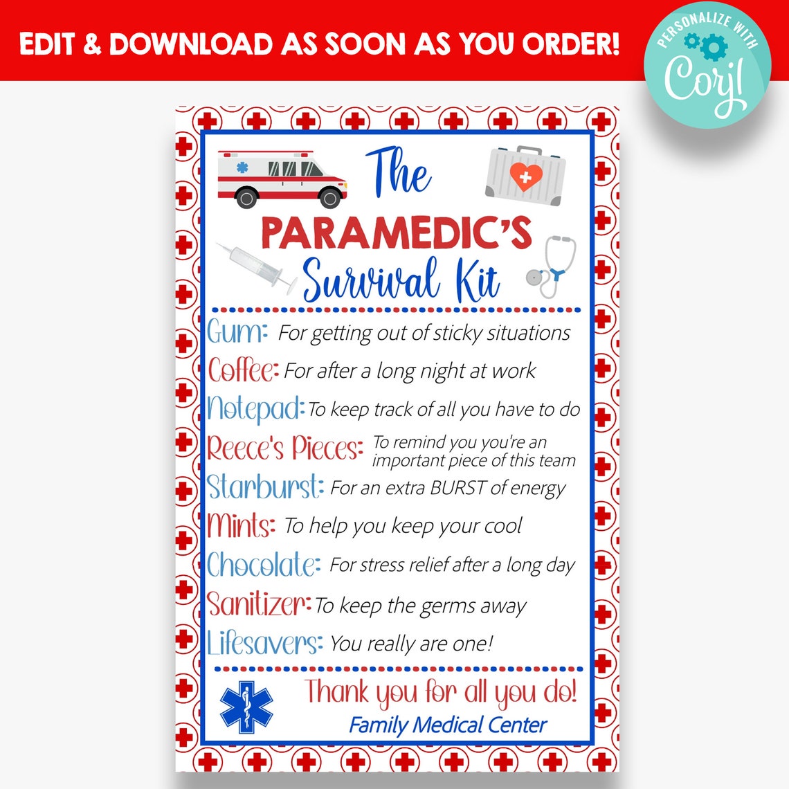 EDITABLE Paramedic's Survival Kit Gift Tag | Paramedic Thank You Gift ...