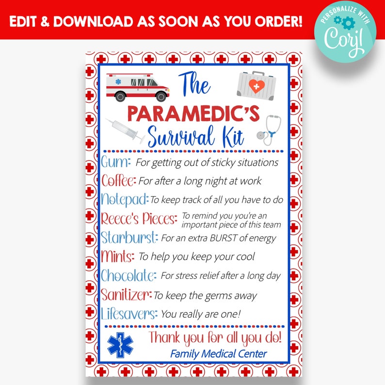 EDITABLE Paramedic's Survival Kit Gift Tag Paramedic - Etsy