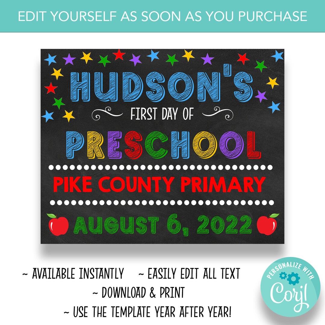 Editable Personalized First Day of Preschool Grade Sign | Bright ...