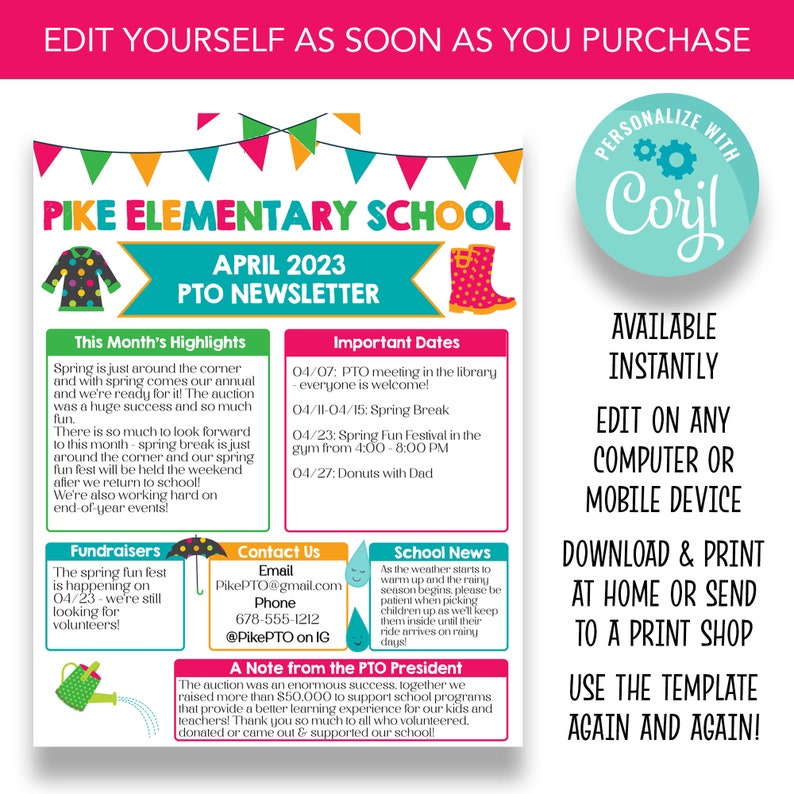 EDITABLE PTO School Newsletter | April PTA Newsletter Template ...