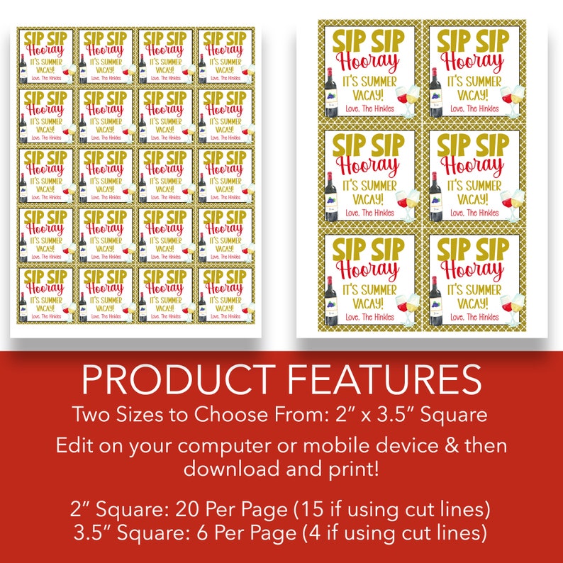 EDITABLE Sip Sip Hooray It's Summer Vacay Wine Gift Tags - Etsy