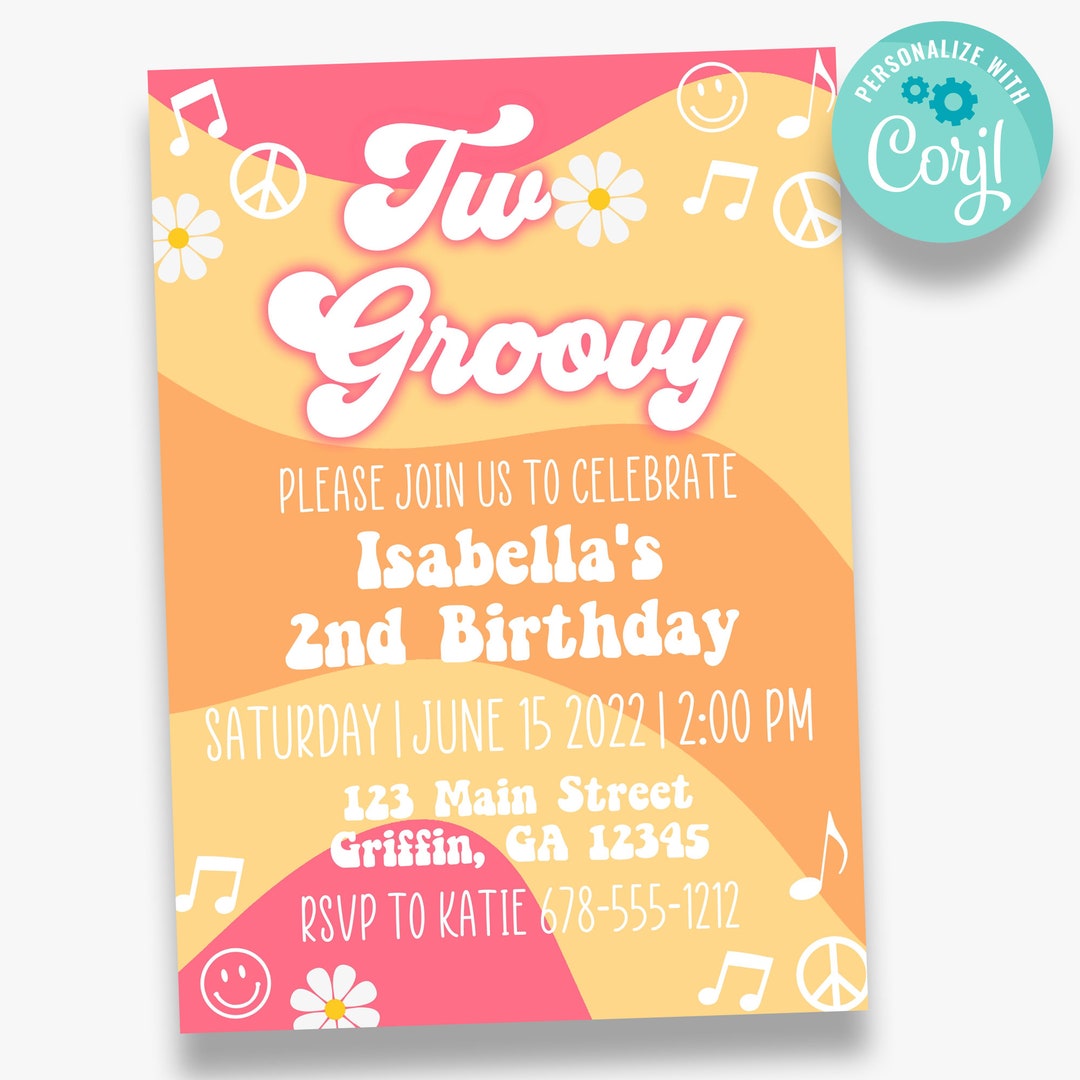 Editable Two Groovy Birthday Invitations Printable Pink & Orange Hippie ...