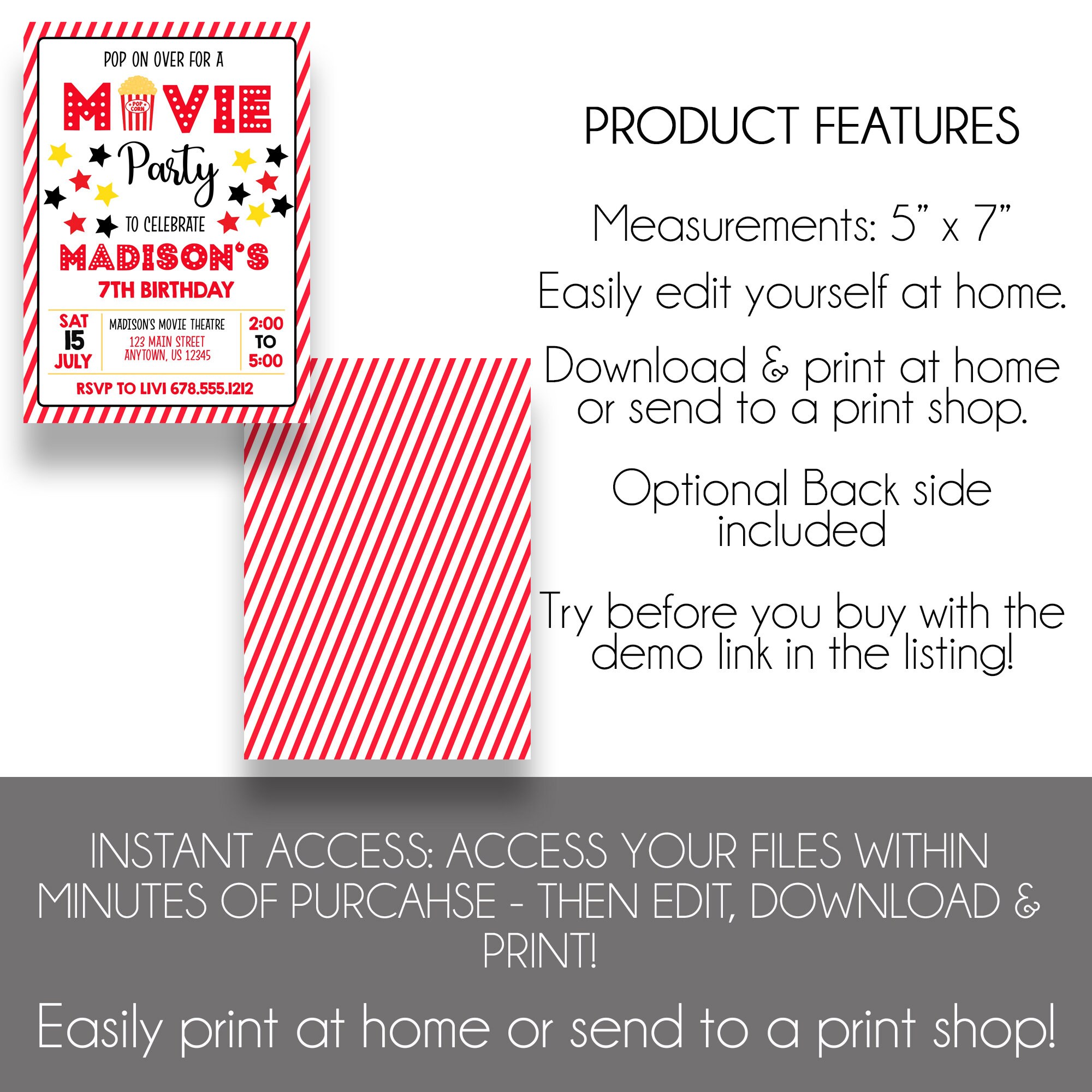 Editable Movie Birthday Party Invitation | Pop Over for a Movie Party ...