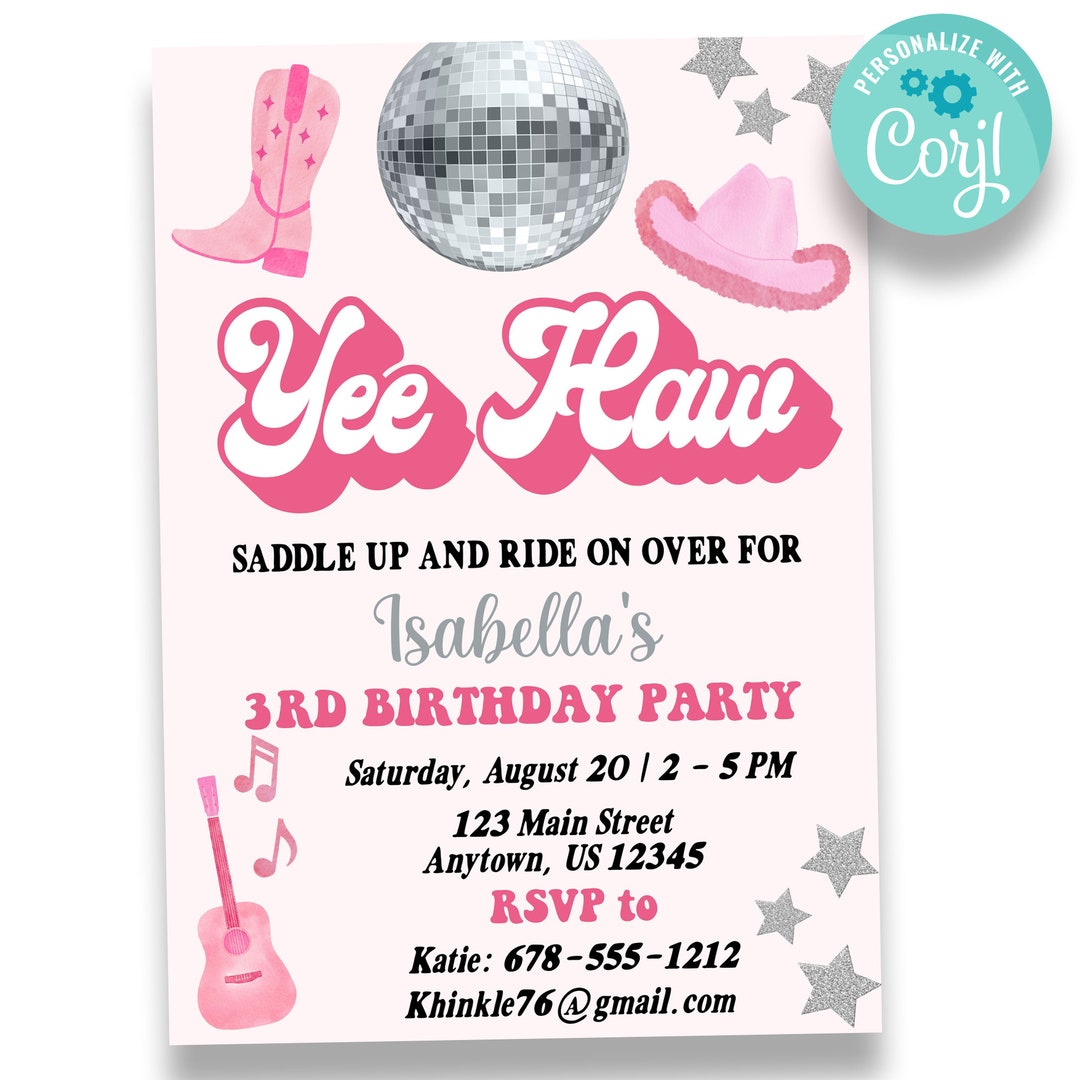 Editable Yee Haw Space Cowgirl Birthday Invitation Disco Birthday ...