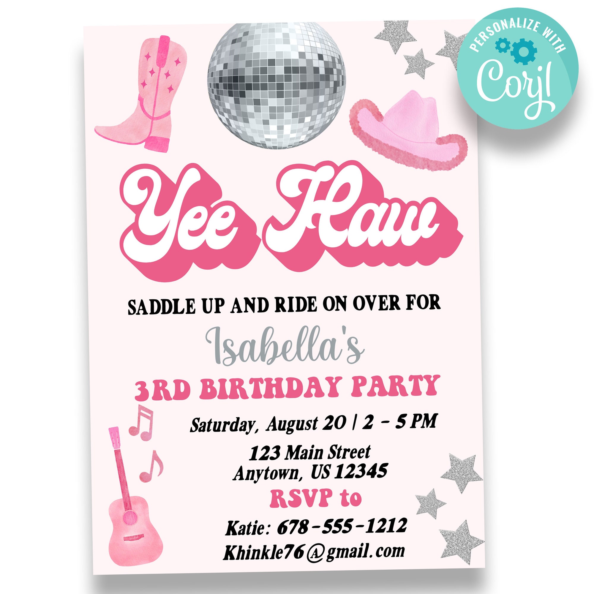 Editable Yee Haw Space Cowgirl Birthday Invitation Disco - Etsy
