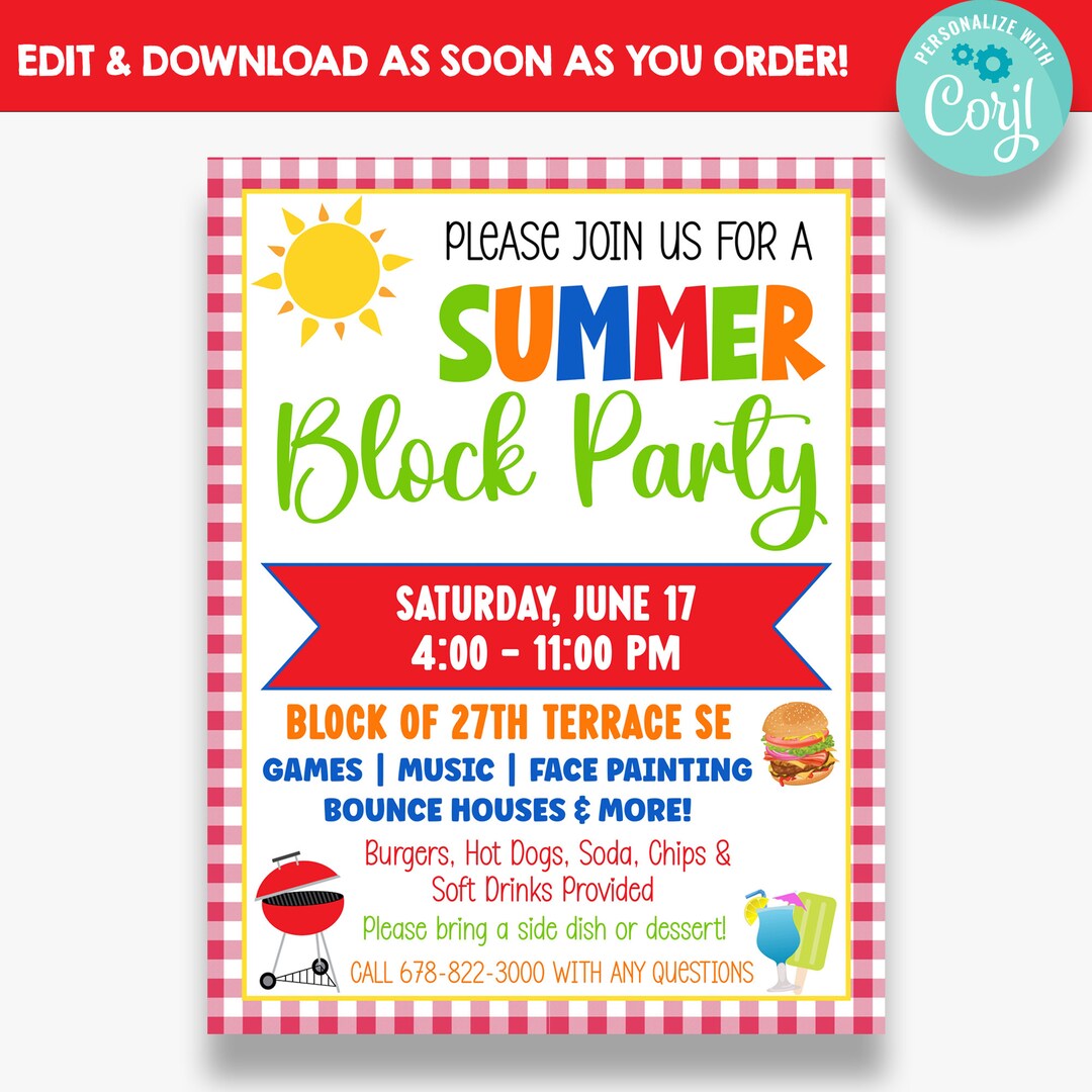 EDITABLE Summer Block Party Invite Flyer | Neighborhood Party Invite ...