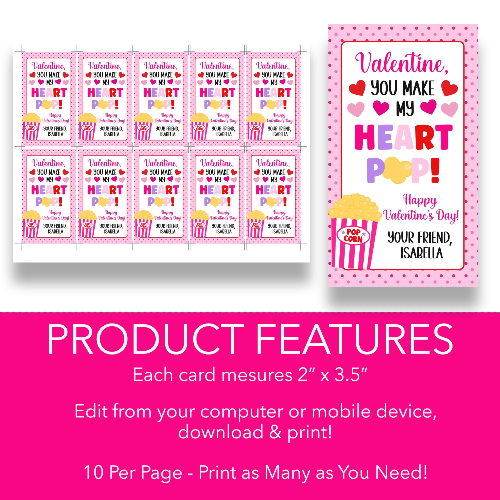 Editable You Make My Heart Pop Valentine's Gift Tag | Printable Popcorn ...