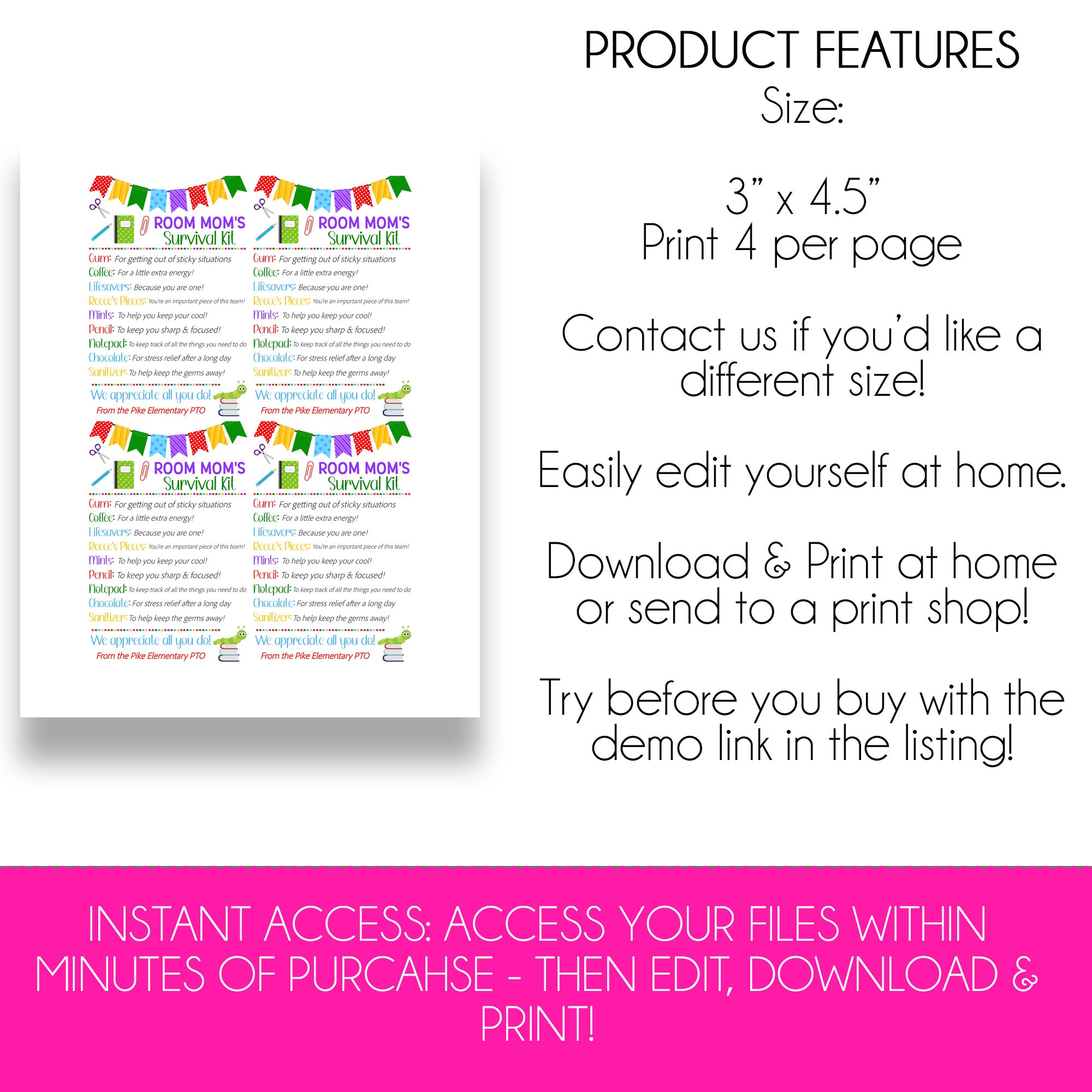 EDITABLE Room Mom's Survival Kit Tag | Back to School Room Mom Gift ...