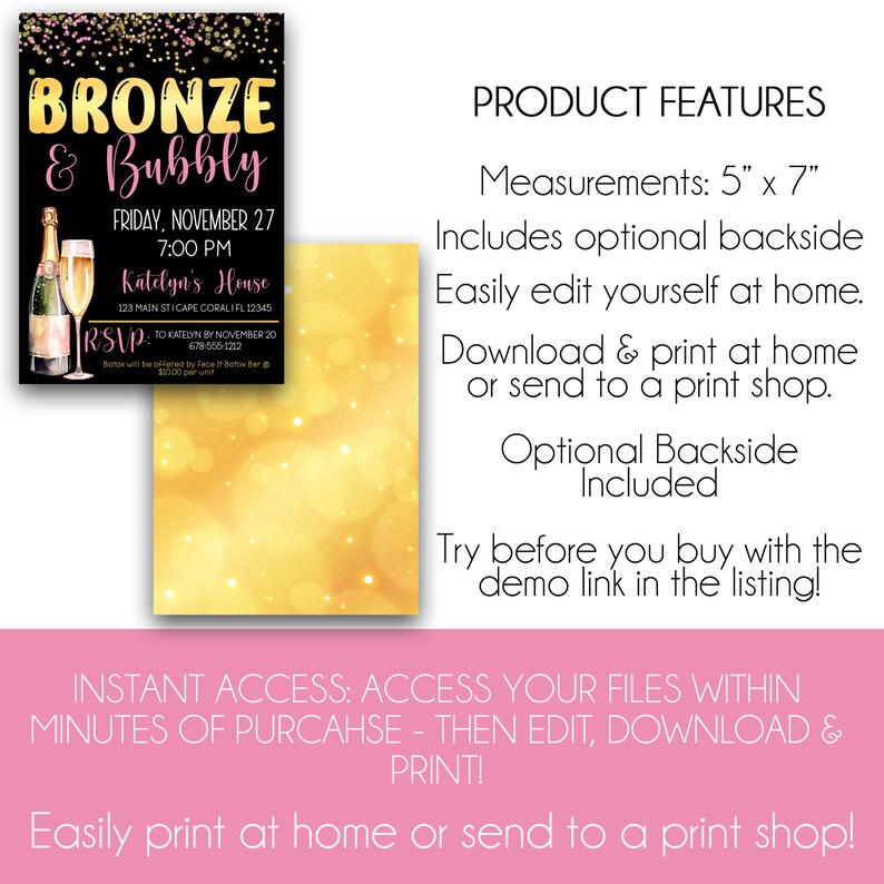 EDITABLE Spray Tan Party Invitation | Bronze & Bubbly Invite | Girls ...