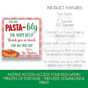 EDITABLE You Are Pasta-bly the Best Square Gift Tags | Pasta Dinner ...