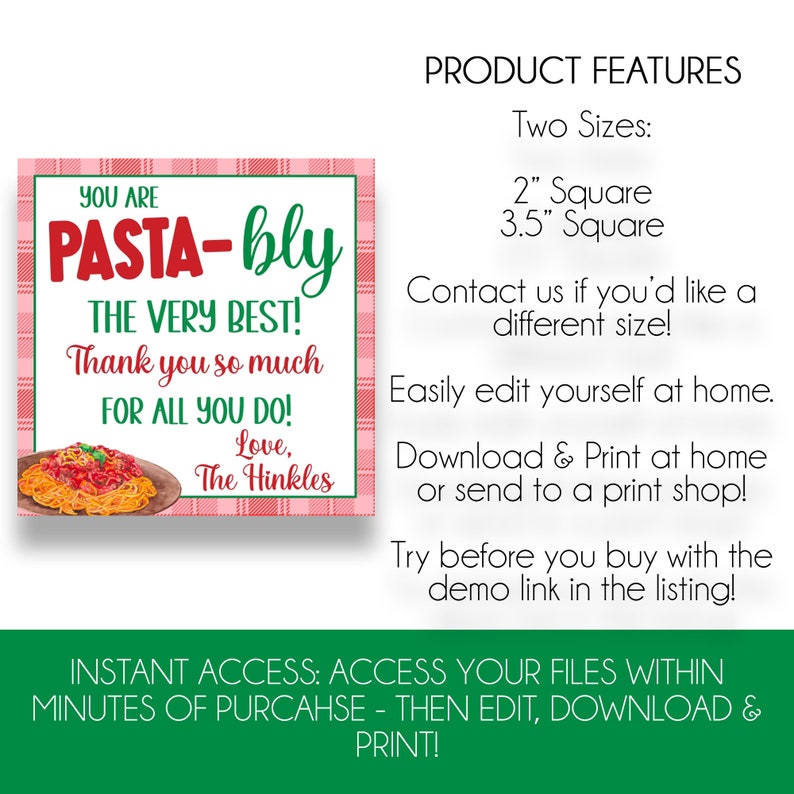 EDITABLE You Are Pasta-bly the Best Square Gift Tags Pasta - Etsy