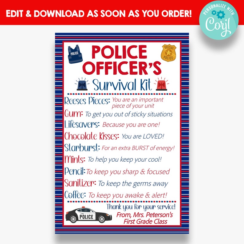EDITABLE Police Survival Kit Tag | Police Officer Gift Idea | Police ...