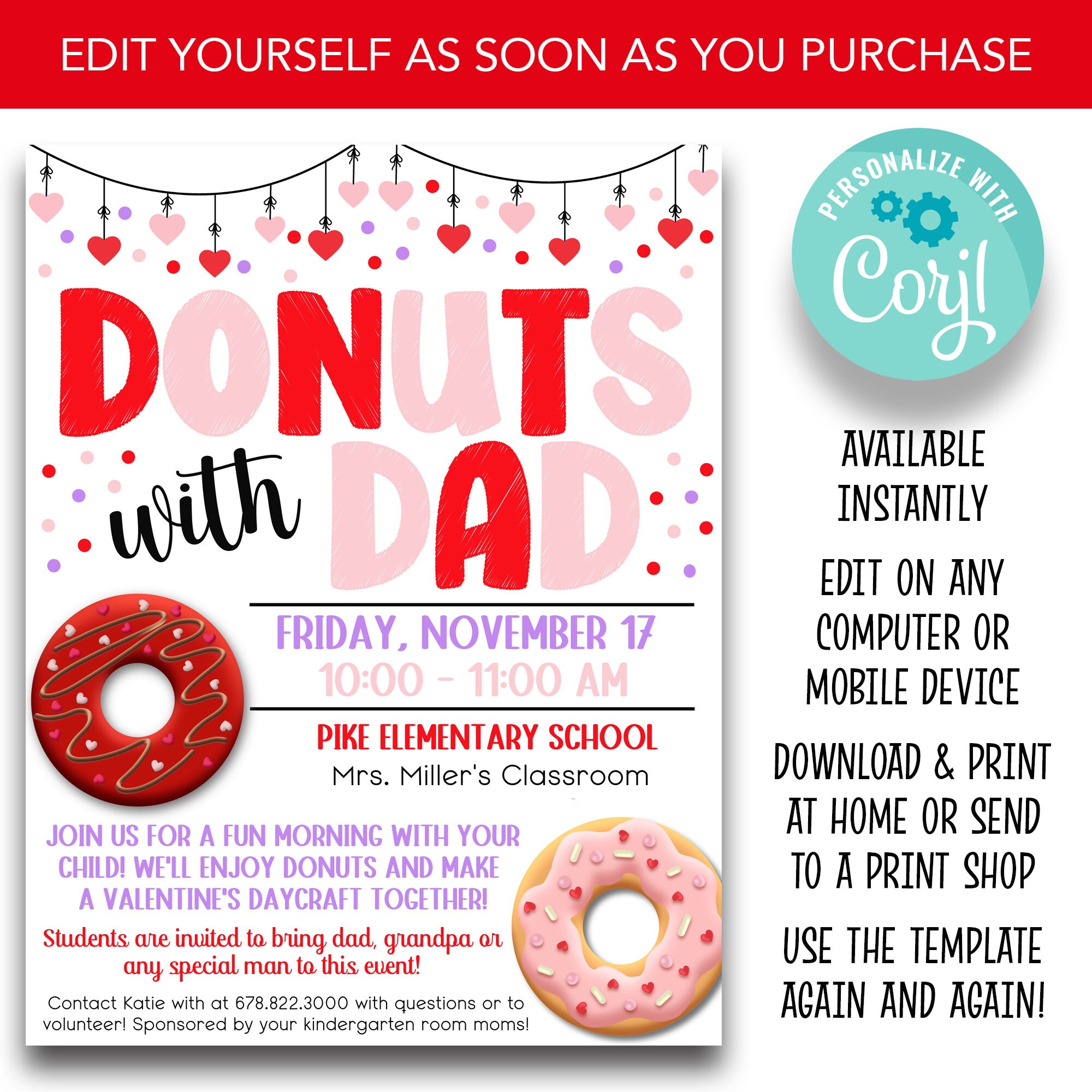 EDITABLE Valentine's Day Themed Donuts With Dad Flyer | Donuts With Dad ...