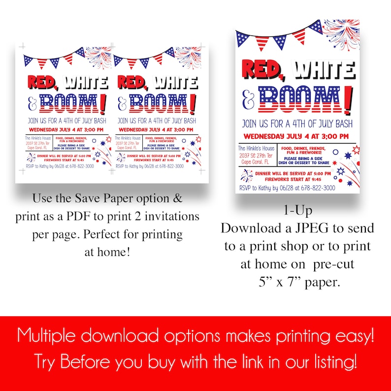 EDITABLE Red, White & Boom 4th of July Party Invitation | Fourth of ...