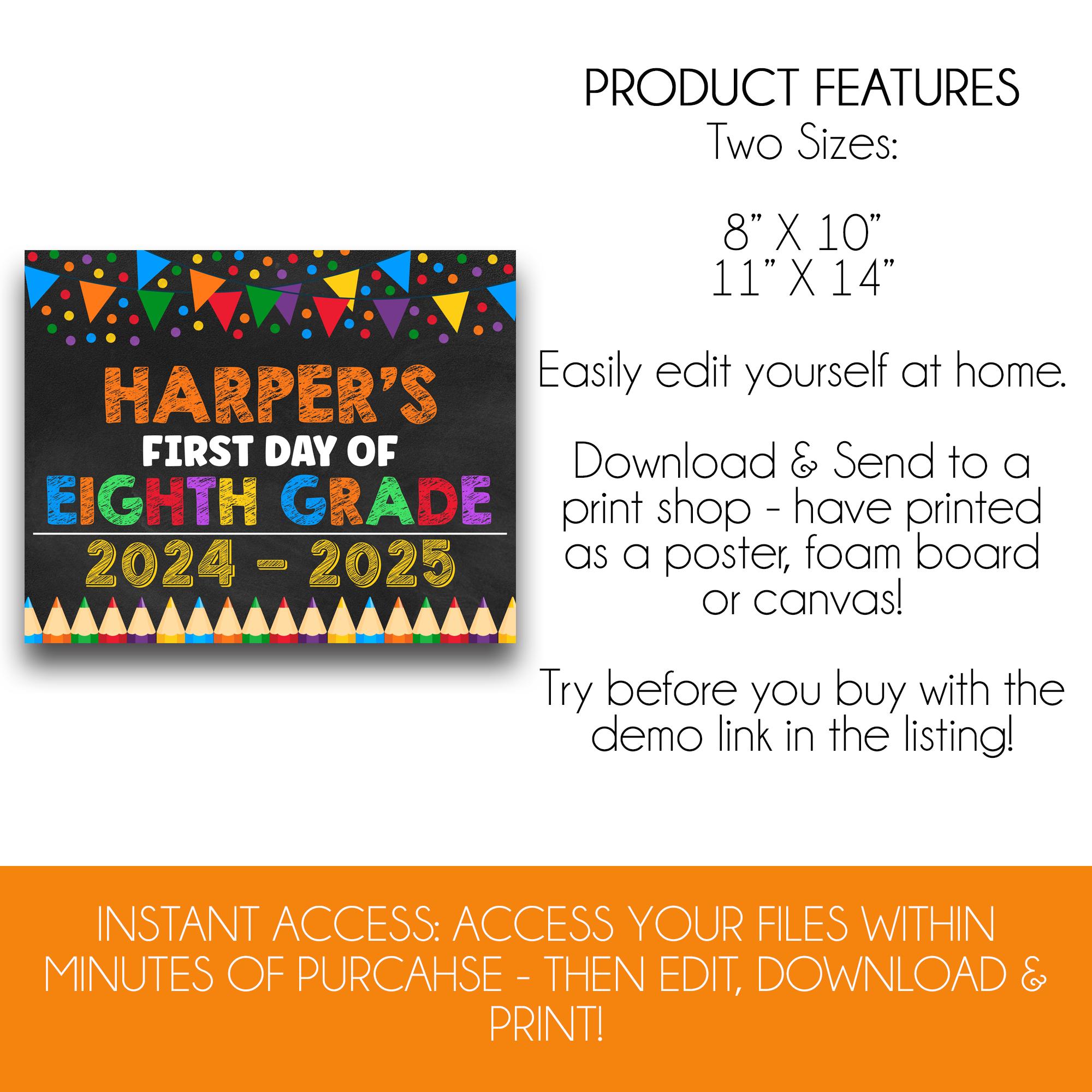 Editable Personalized First Day of Eighth Grade Grade Sign | Bright ...