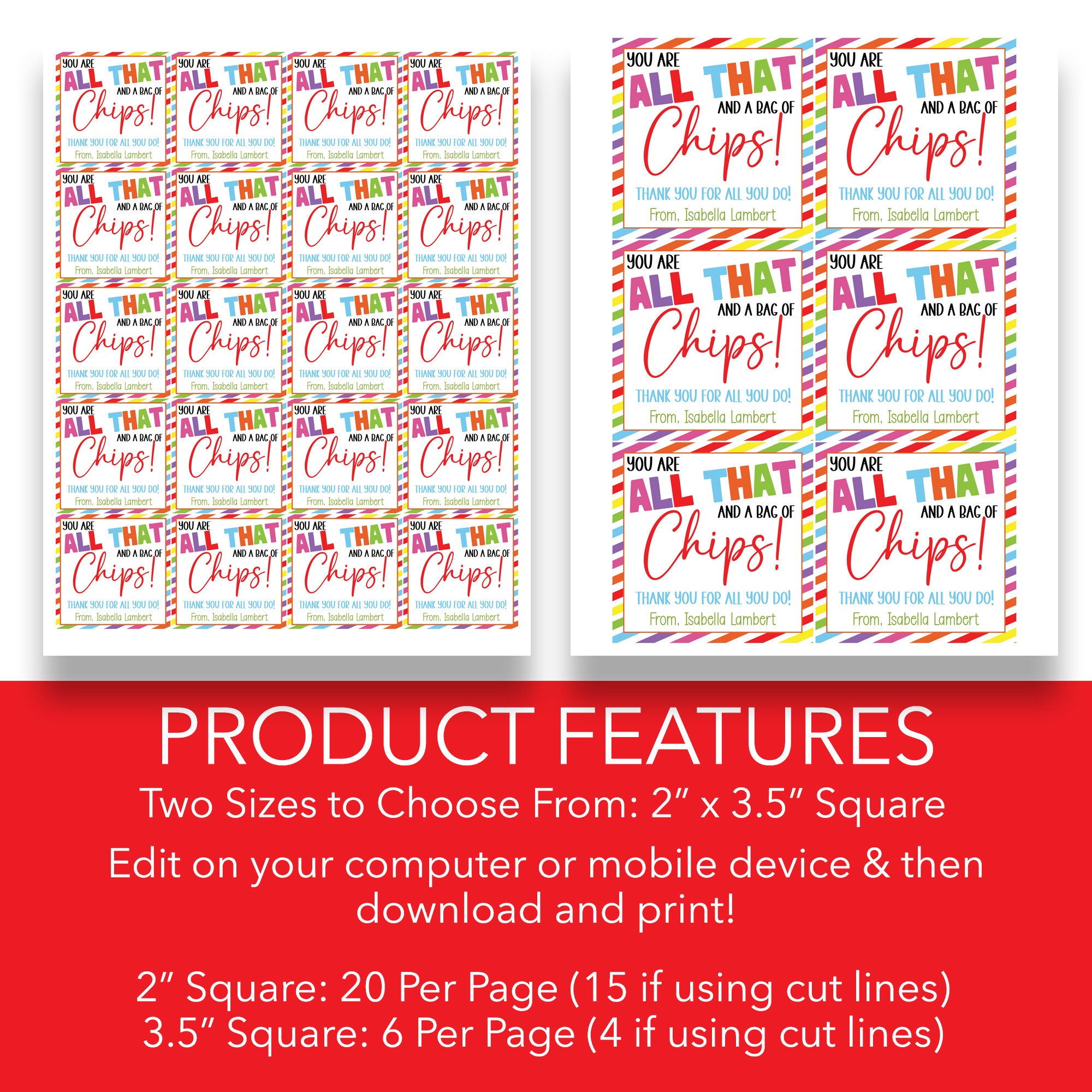 EDITABLE You Are All That & a Bag of Chips Square Gift Tags - Etsy