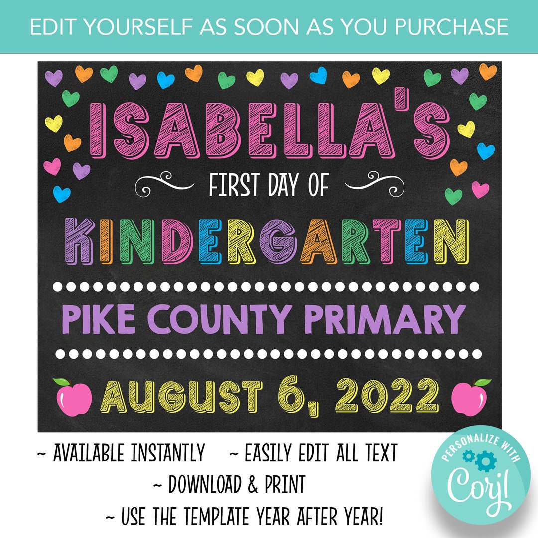 Editable Personalized First Day of Kindergarten Sign | Pastel ...