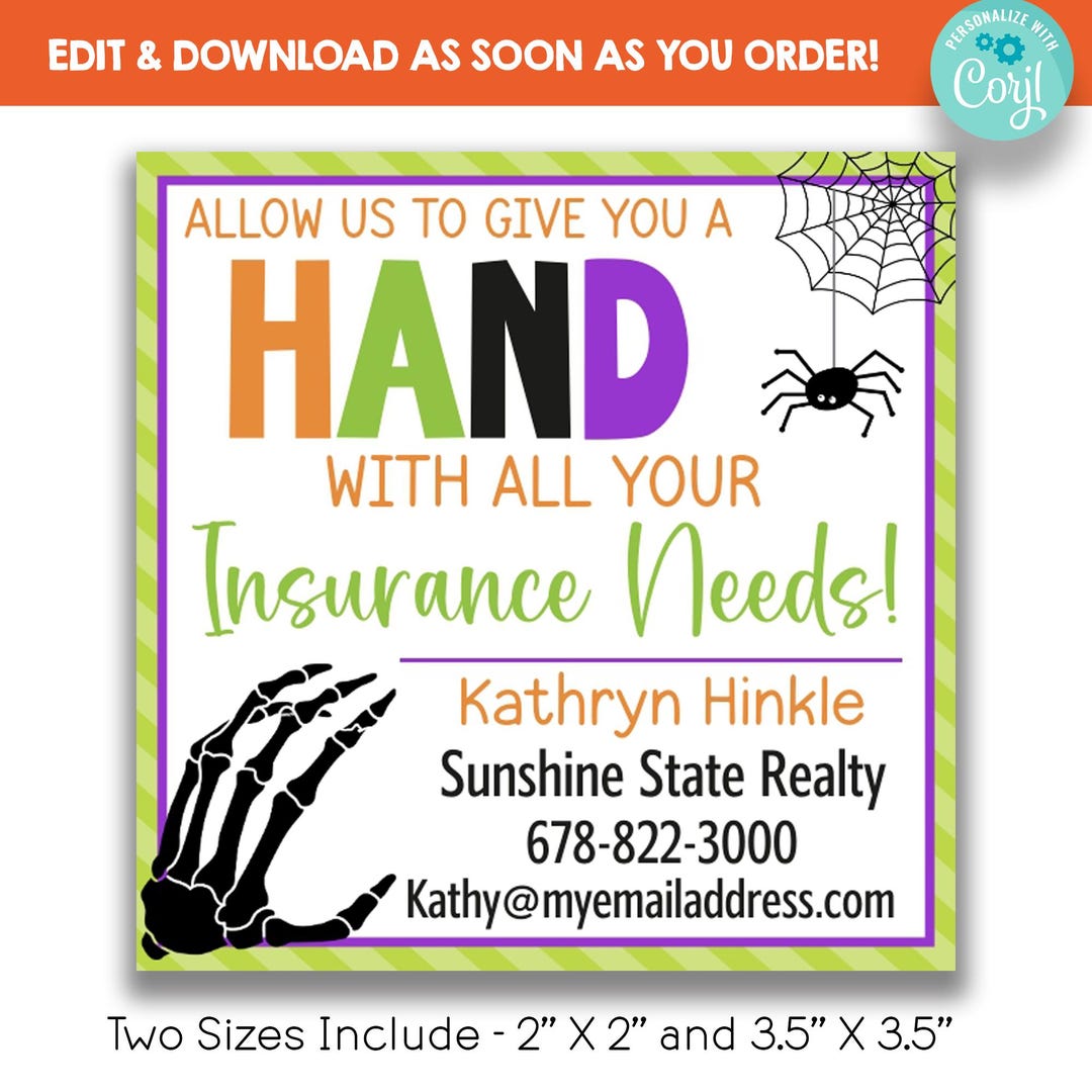EDITABLE Halloween Insurance Marketing Treat Tags | Allow Me to Give ...
