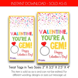 INSTANT DOWNLOAD | You're a Gem Kid's Valentine Treat Tags | Ring Pop ...