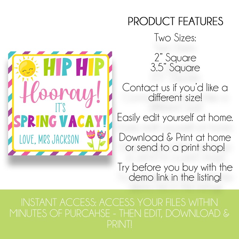 EDITABLE Hip Hip Hooray It's Spring Vacay Treat Bag Tags - Etsy