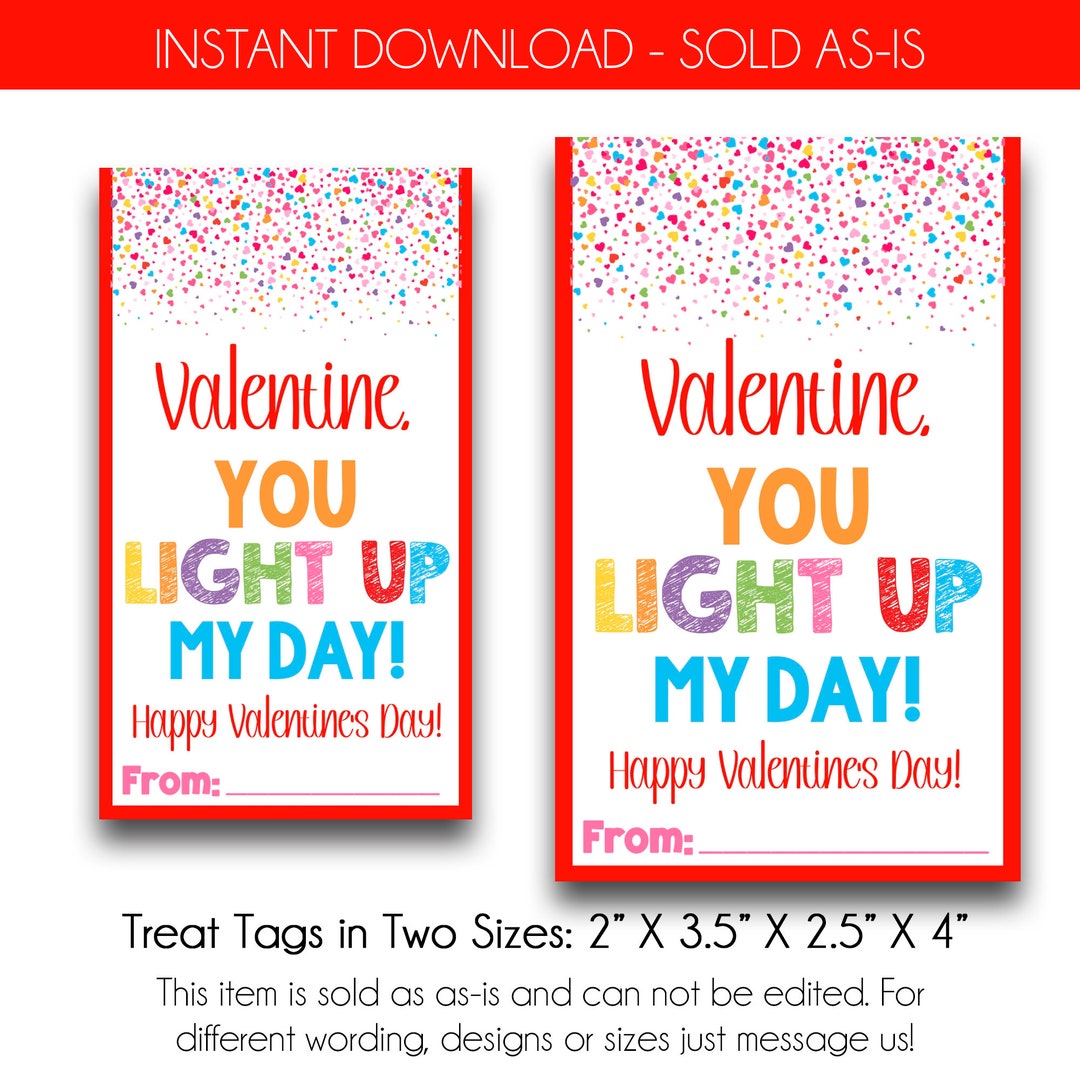 INSTANT DOWNLOAD | Valentine's Day Treat Tags for Kids | You Light up ...