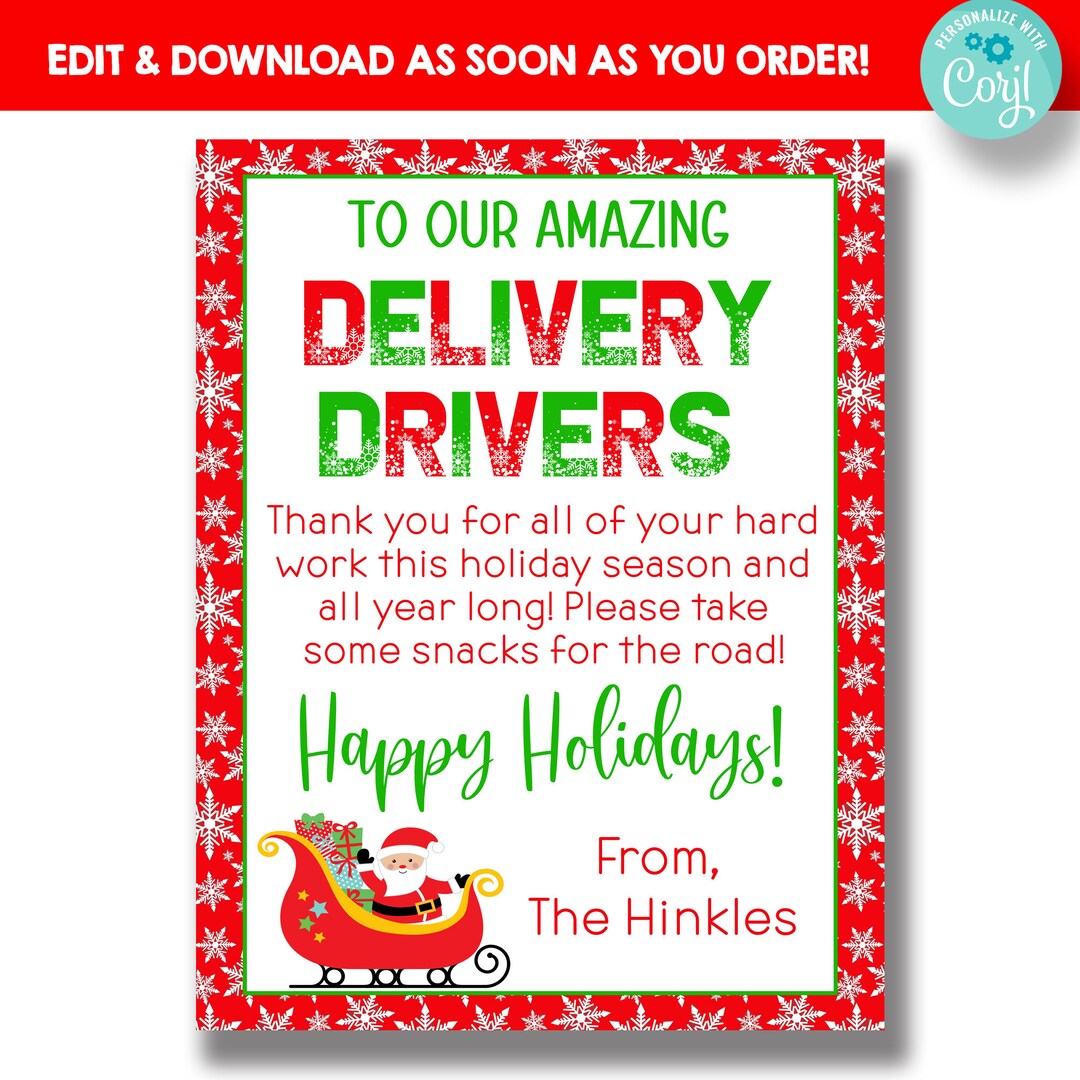 EDITABLE Delivery Driver Christmas Thank You Sign | Holiday Delivery ...