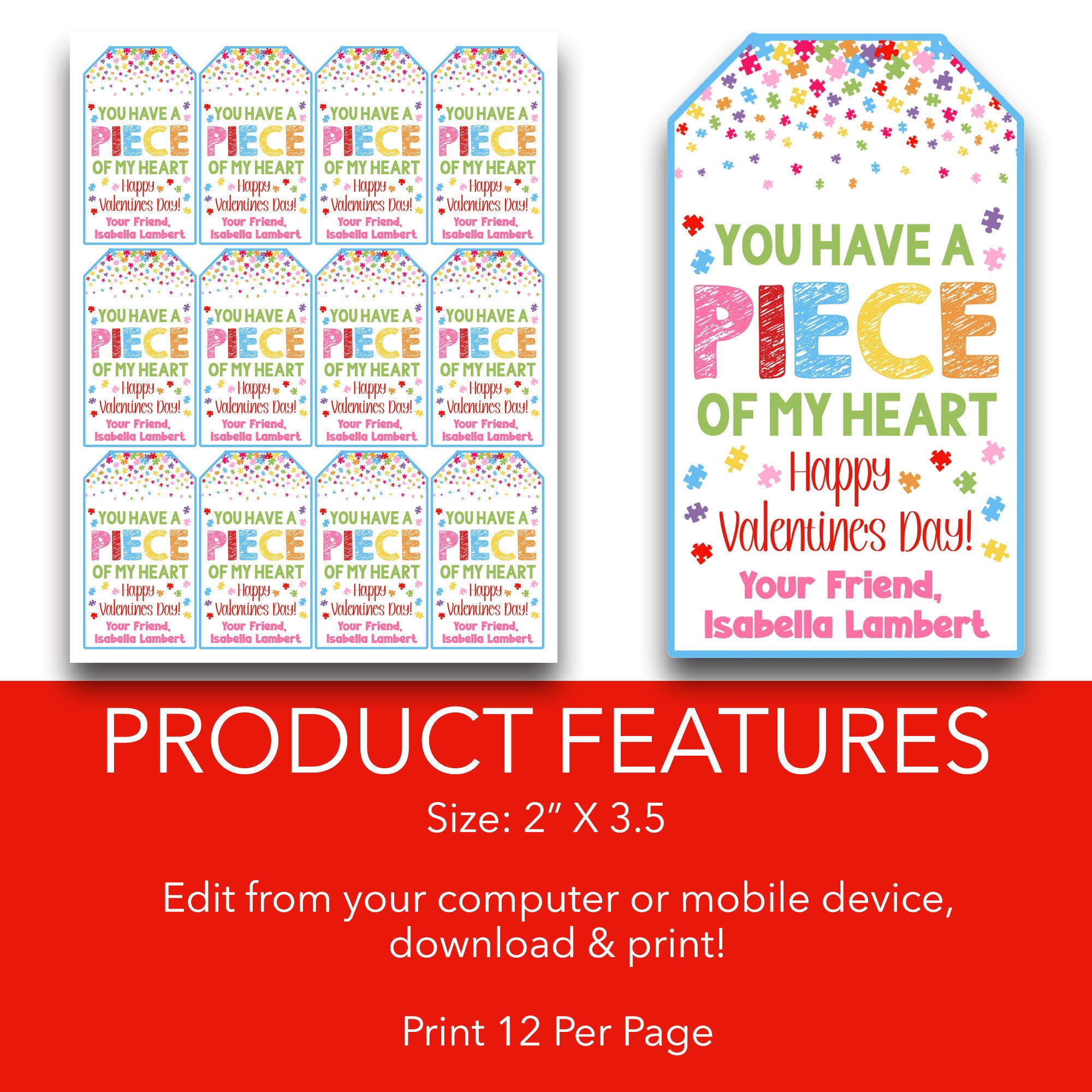 EDITABLE You Have a Piece of My Heart Valentine's Day Treat Tags ...