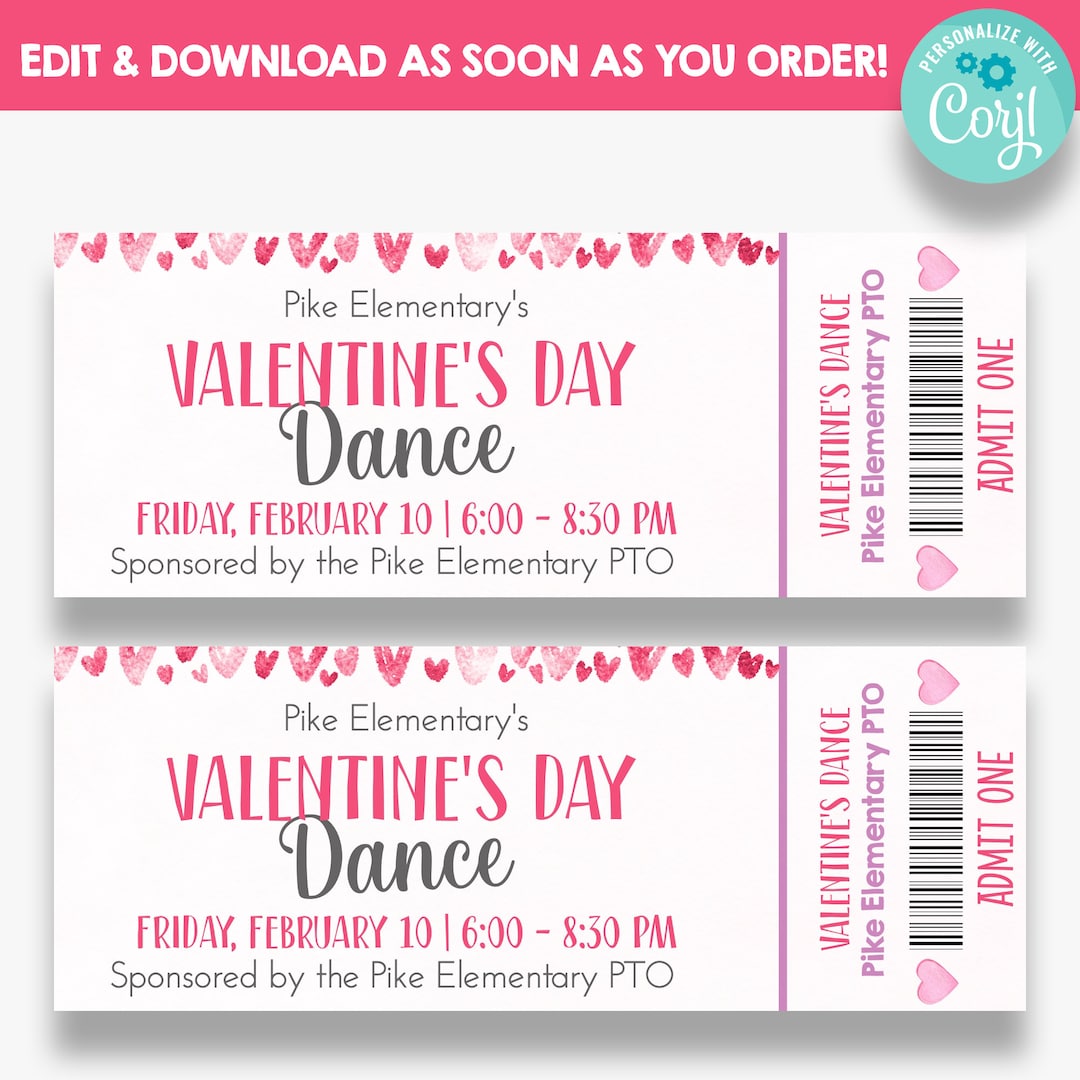EDITABLE Valentine's Dance Tickets | Printable Ticket for Valentine ...
