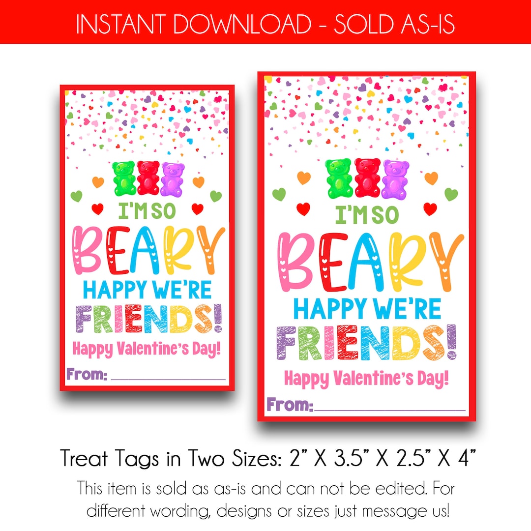INSTANT DOWNLOAD | I'm Beary Glad We're Friends Kid's Valentine's Treat ...