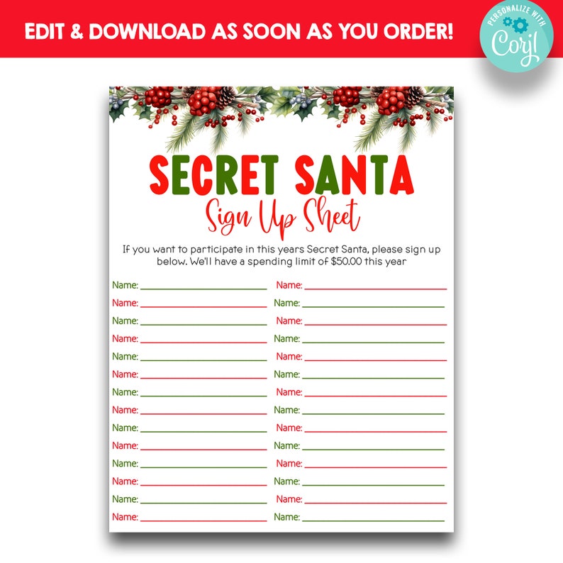 EDITABLE Watercolor Secret Santa Questionnaire & Sign up Sheet | Secret ...