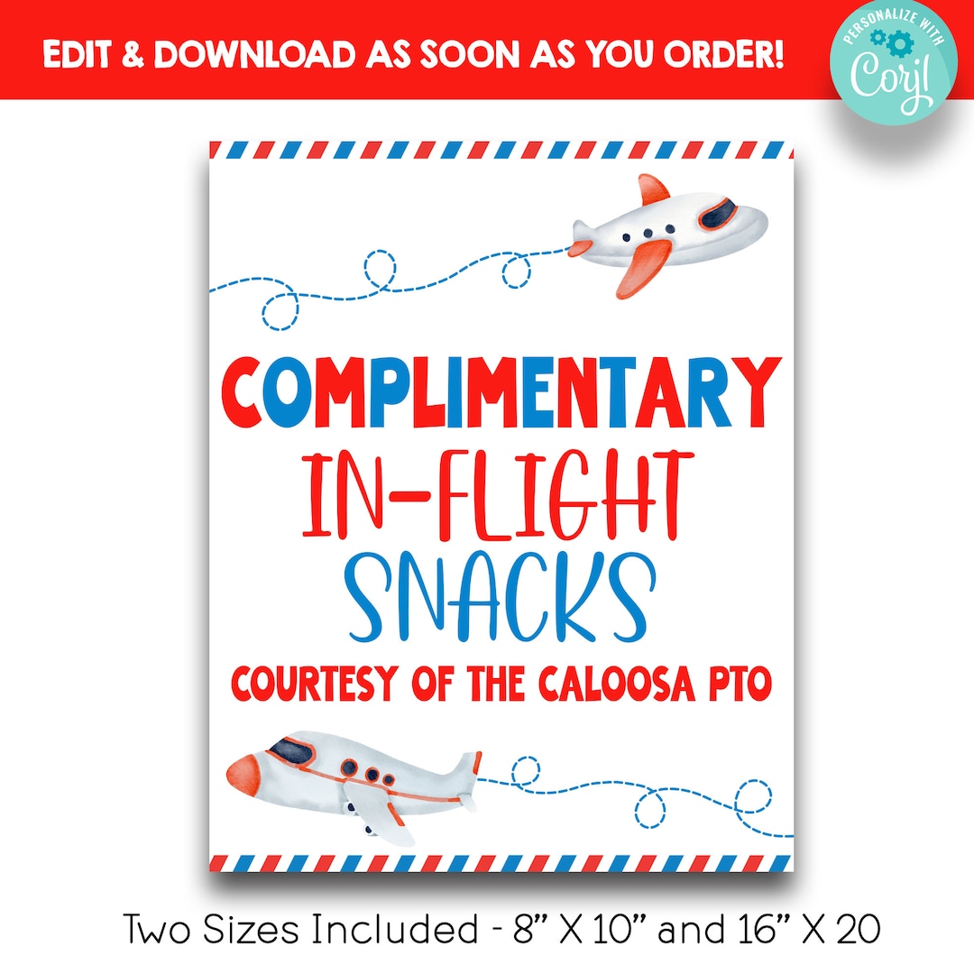 EDITABLE Complimentary In-flight Snacks Sign | Travel Themed Teacher ...
