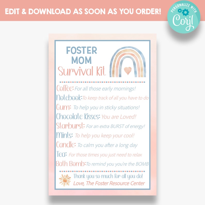 EDITABLE Foster Mom Survival Kit Gift Tag Foster Parent - Etsy