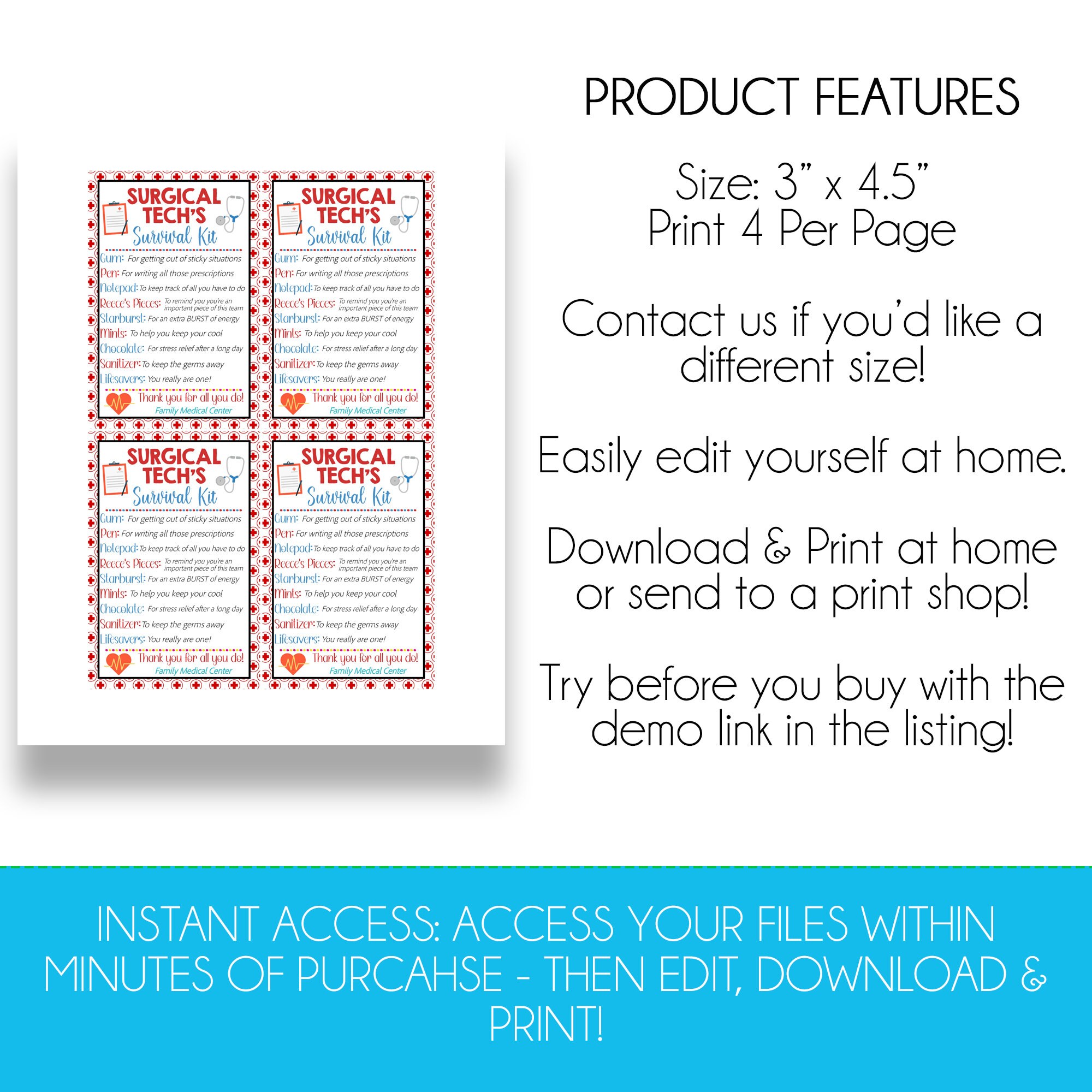 EDITABLE Surgical Tech's Survival Kit Gift Tag | Surgical Tech Thank ...