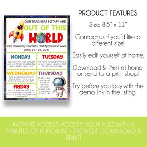 EDITABLE Space Themed Teacher Appreciation Week Itinerary Our Teacher's ...