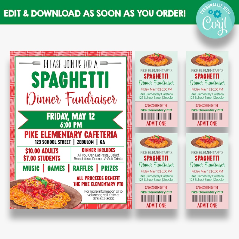 EDITABLE Spaghetti Dinner Fundraiser Flyer With Bonus Tickets - Etsy
