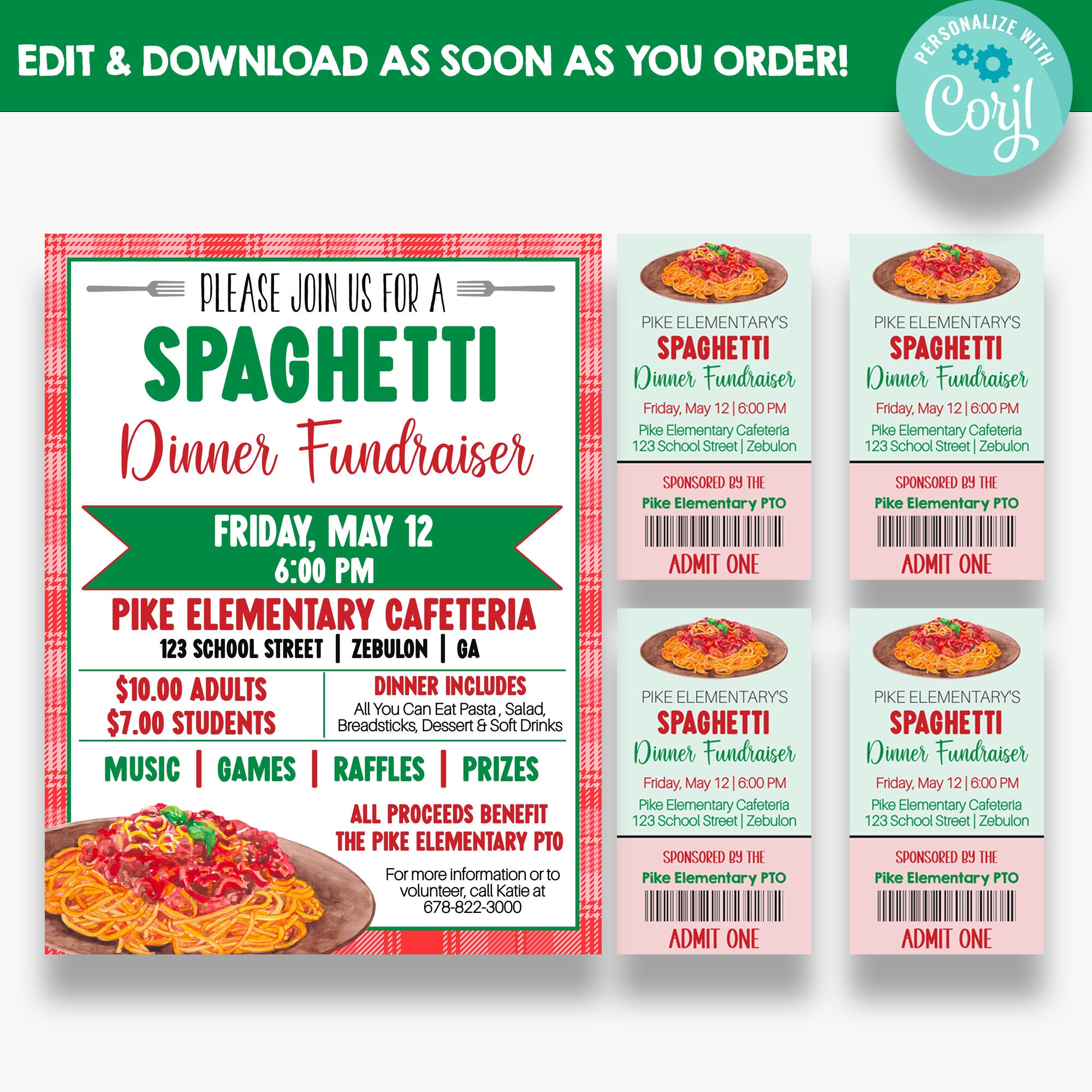 EDITABLE Spaghetti Dinner Fundraiser Flyer With Bonus Tickets - Etsy