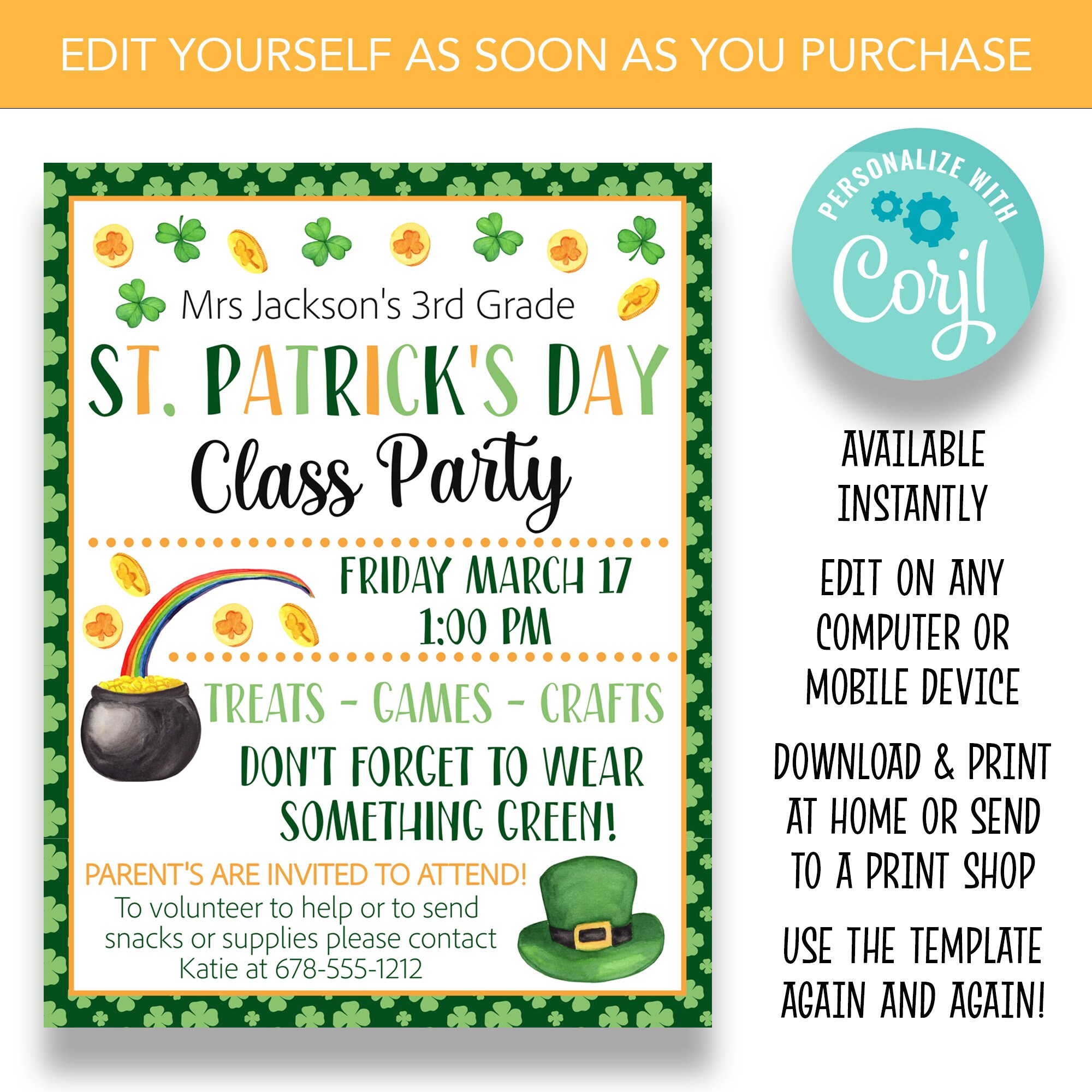 EDITABLE St. Patrick's Day Class Party Flyer School St. - Etsy