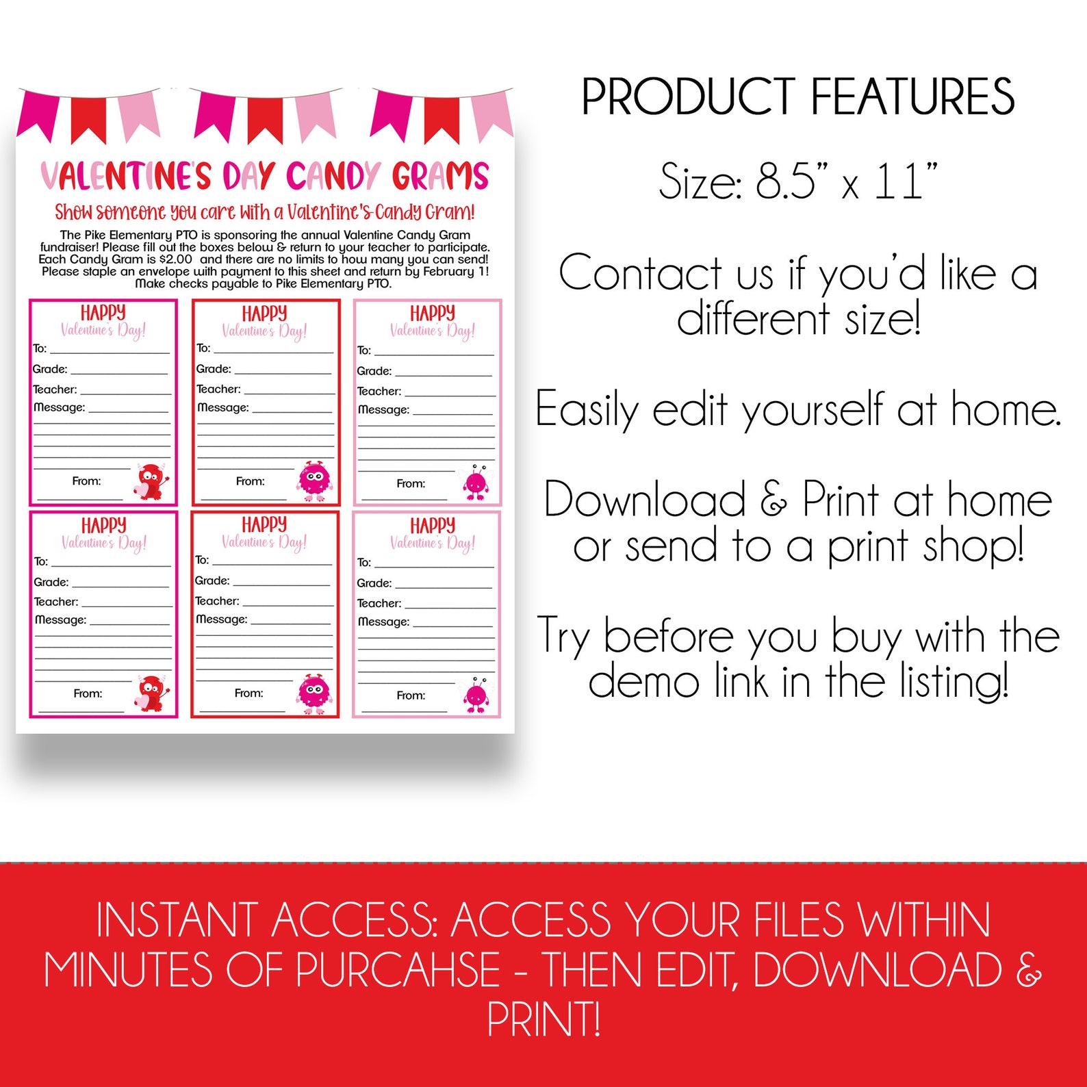 EDITABLE Valentine's Day Candy Gram Flyer Valentine - Etsy