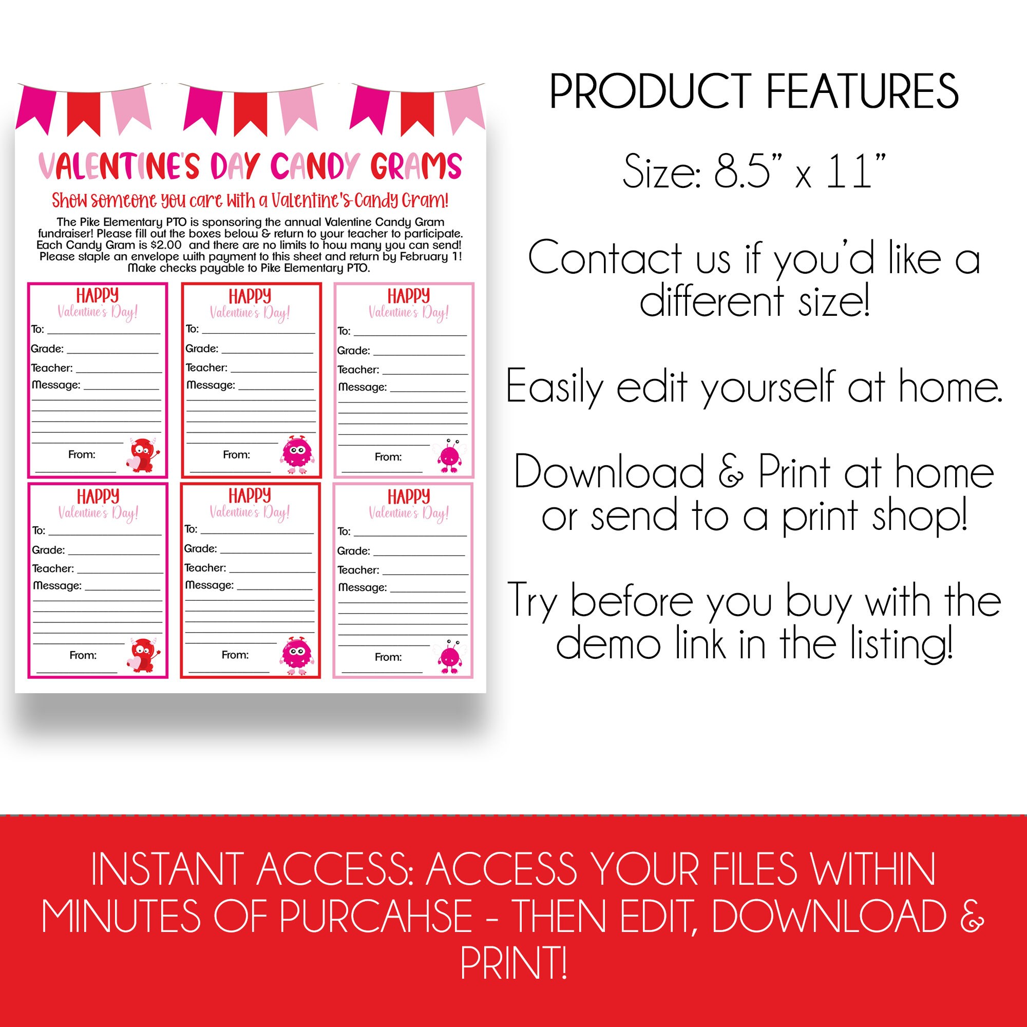 EDITABLE Valentine's Day Candy Gram Flyer Valentine - Etsy