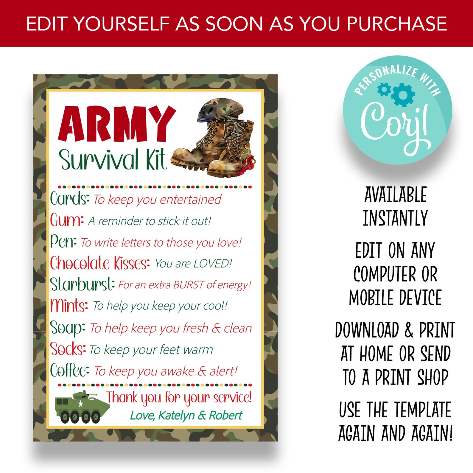 EDITABLE Army Survival Kit Tag | Army Deployment Gift Idea | Military ...