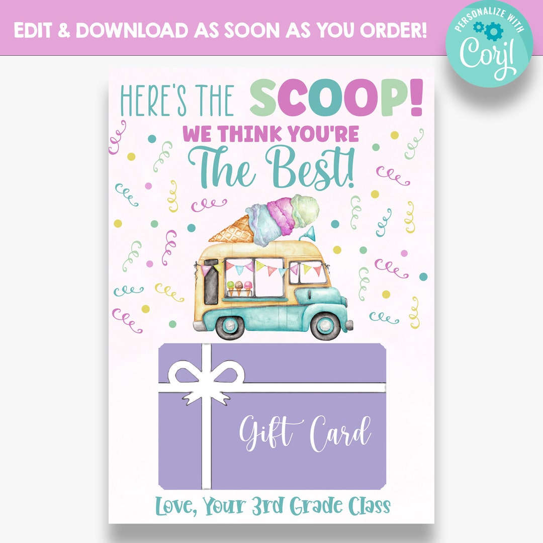 EDITABLE Pink Watercolor Ice Cream Gift Card Holder | Ice Cream Gift ...