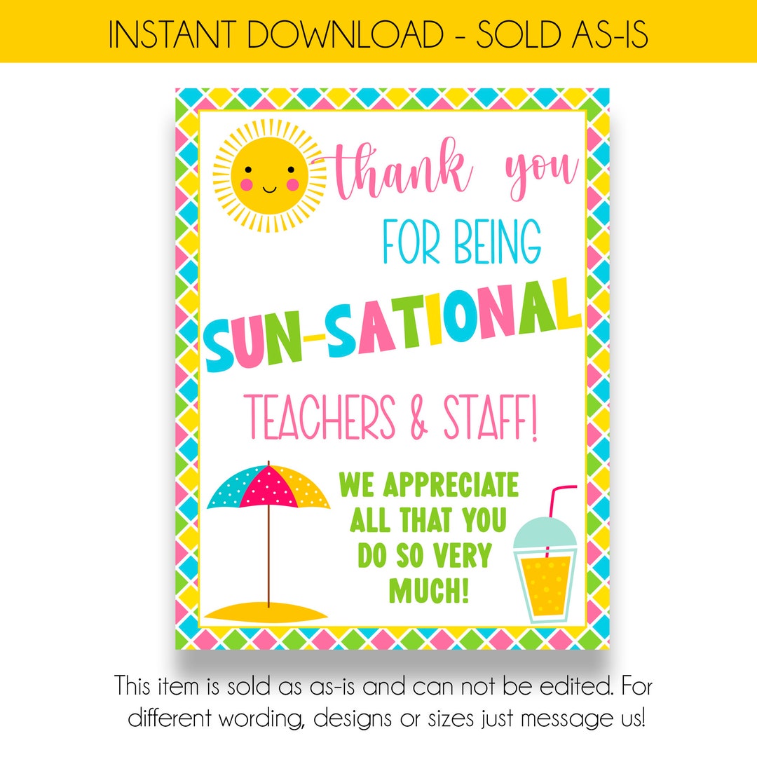 INSTANT DOWNLOAD | Thank You for Being Sun-sational Teachers & Staff ...