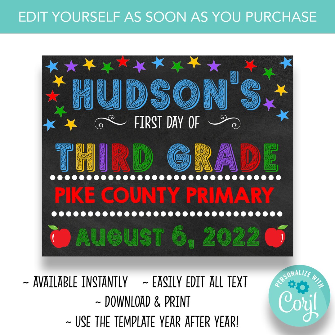 Editable Personalized First Day of Third Grade Sign | Bright Chalkboard ...